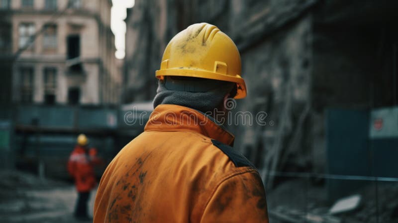 View from Behind, Construction Worker in Yellow Helmet at Work Stock ...