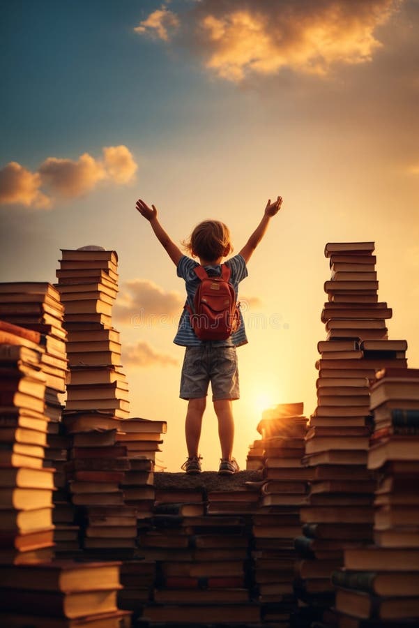 View from Behind of Cute Child on Stack of Books at Sunset, AI ...