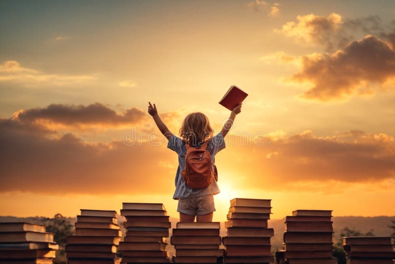 View from Behind of Cute Child on Stack of Books at Sunset, AI ...