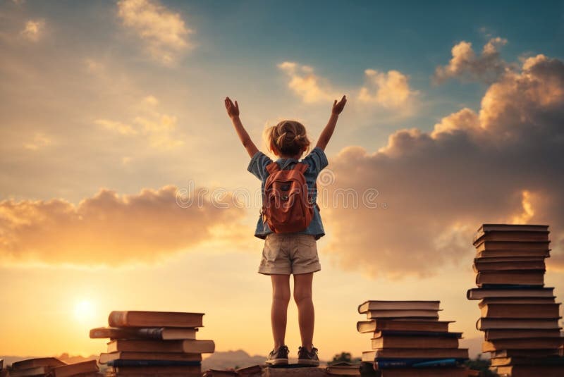 View from Behind of Cute Child on Stack of Books at Sunset, AI ...