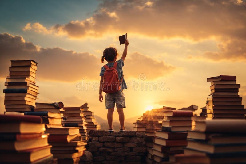 View from Behind of Cute Child on Stack of Books at Sunset, AI ...