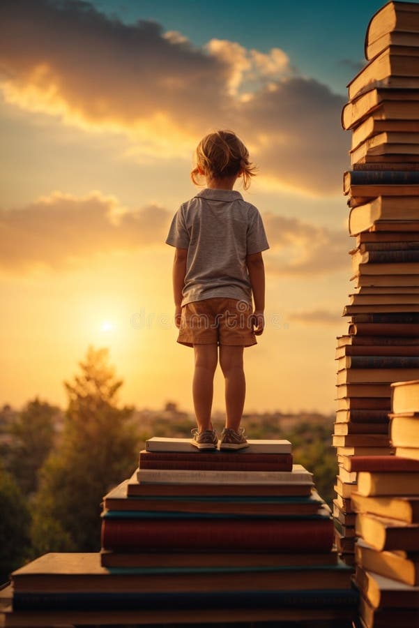 View from Behind of Cute Child on Stack of Books at Sunset, AI ...