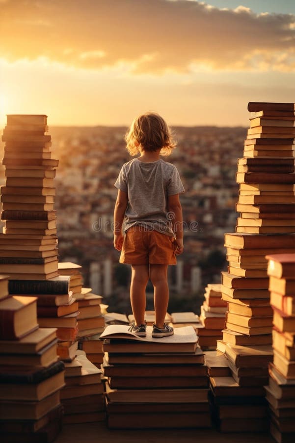 View from Behind of Cute Child on Stack of Books at Sunset, AI ...