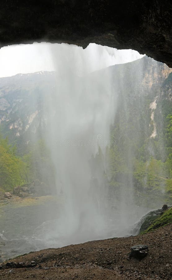 View from Behind the Water Wall of a Large Waterfall Stock Photo ...