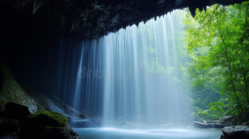 View from Behind a Waterfall Deep in the Rainforest Stock Illustration ...