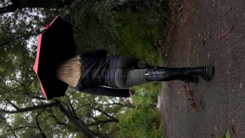 View from Below of a Girl from the Back Walking through a Fall Park ...