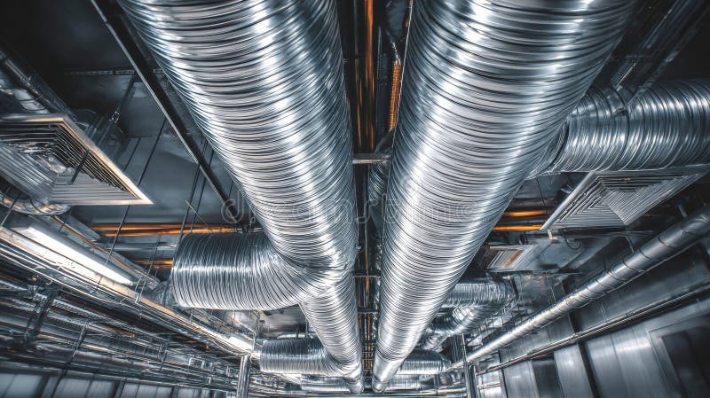 View from Below of an Industrial Ceiling with Air Ducts and Ventilation ...