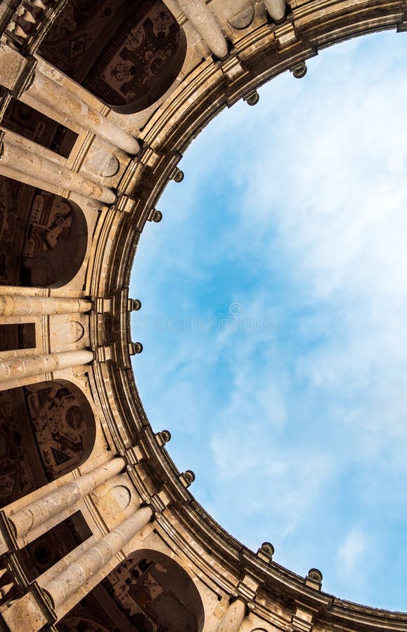 View from Below on a Part of the Facade of an Old Semicircular Building ...