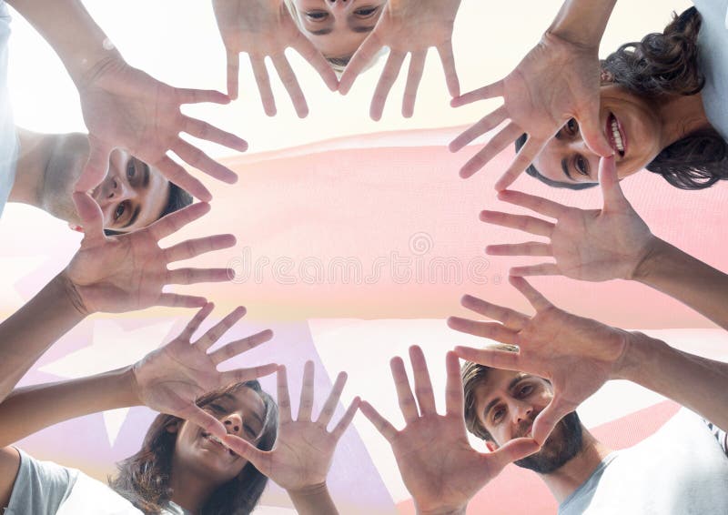 View from Below of Smiling Friends Showing Their Hands Stock Image ...