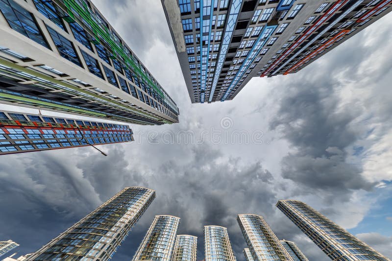 View from Below into Storm Sky with Dark Clouds of Large Modern ...