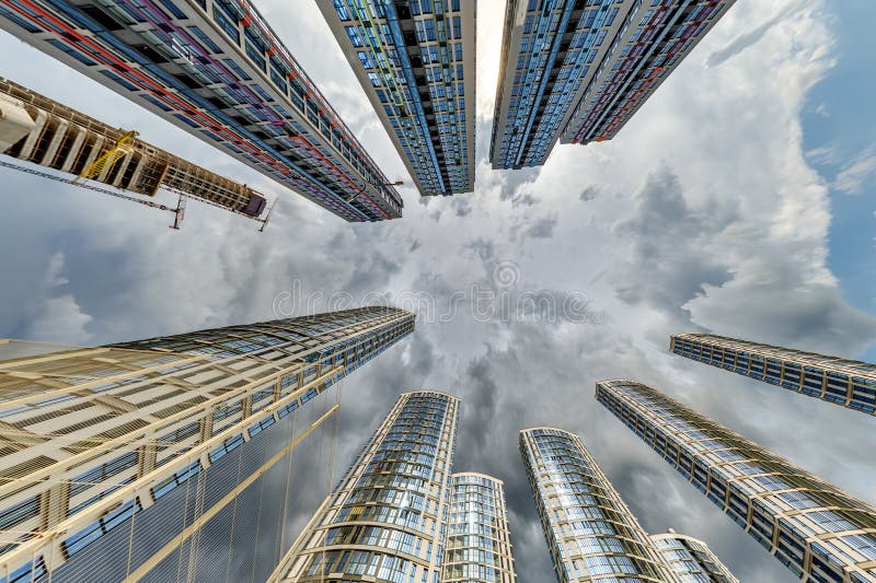View from Below into Storm Sky with Dark Clouds of Large Modern ...
