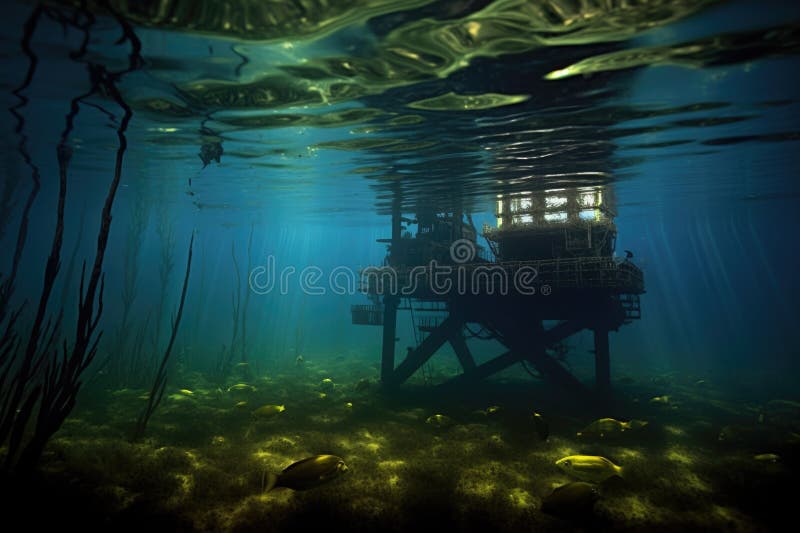 View from Beneath an Oil Rig As it Casts Shadows Underwater Stock Image ...