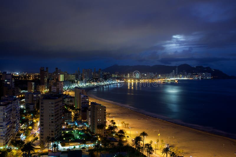 View of Benidorm at Night, Spain Stock Photo - Image of evening ...