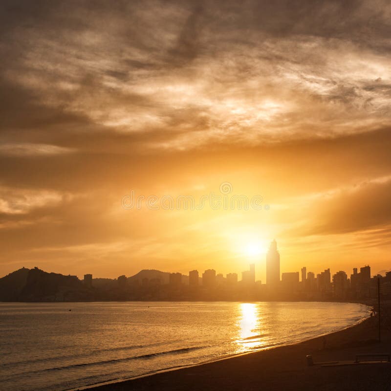 View of Benidorm on Sunset, Spain Stock Photo - Image of building ...