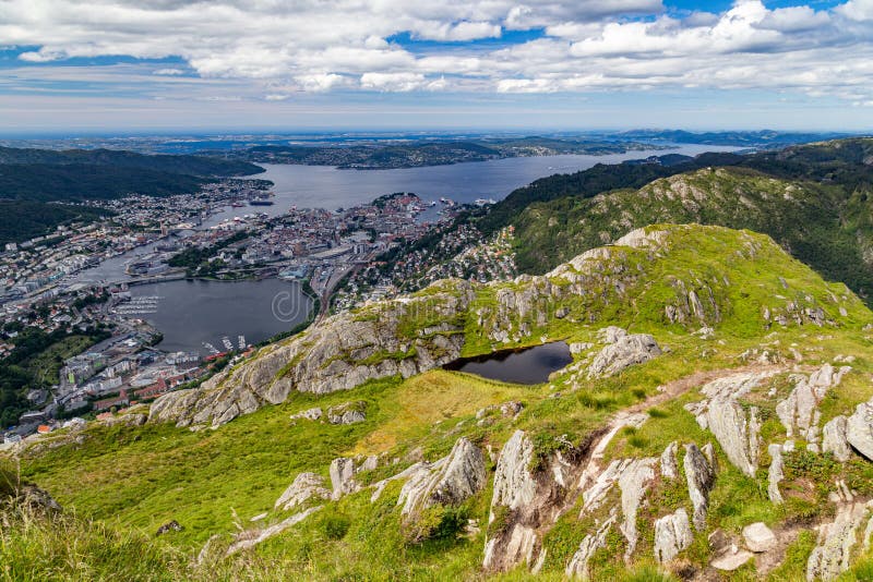 View on Bergen and Harbor from the Mountain Top Stock Photo - Image of ...