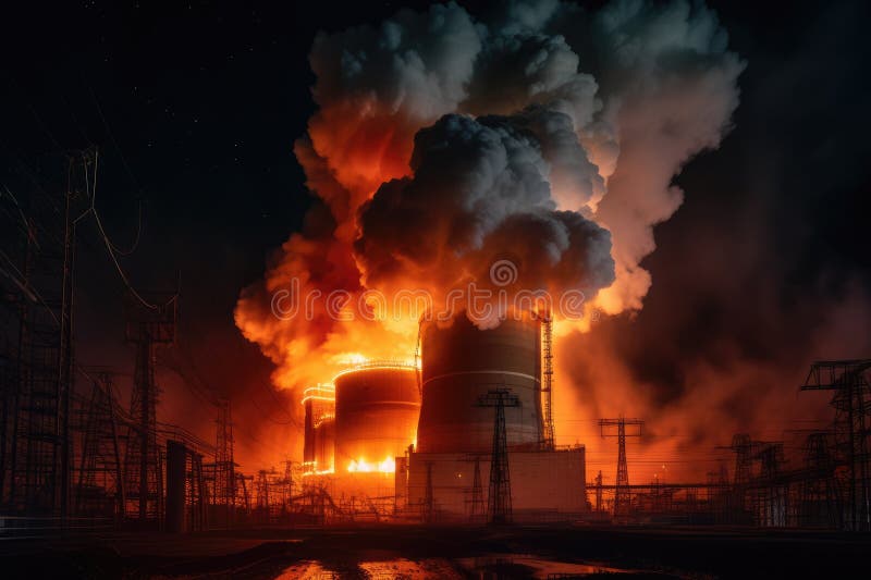 View of Big Explosion and Fire on Power Plant. Generative AI Stock ...