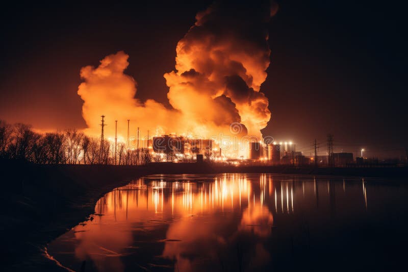 View of Big Explosion and Fire on Power Plant. Generative AI Stock ...