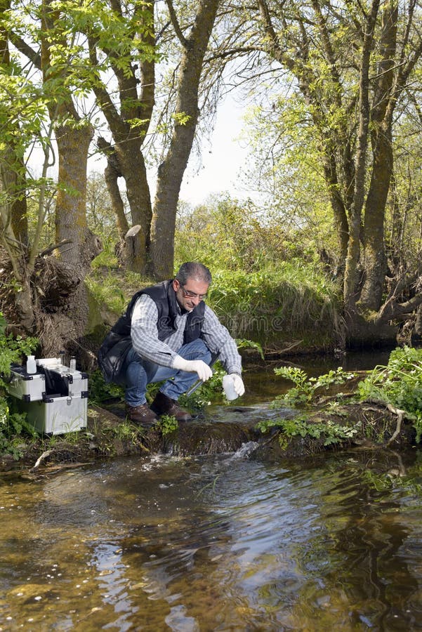 View of a Biologist Take a Sample in a River. Stock Image - Image of ...
