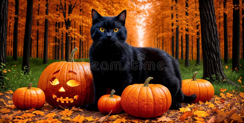 View of a Black Cat with Pumpkins in the Autumn Forest for Halloween ...