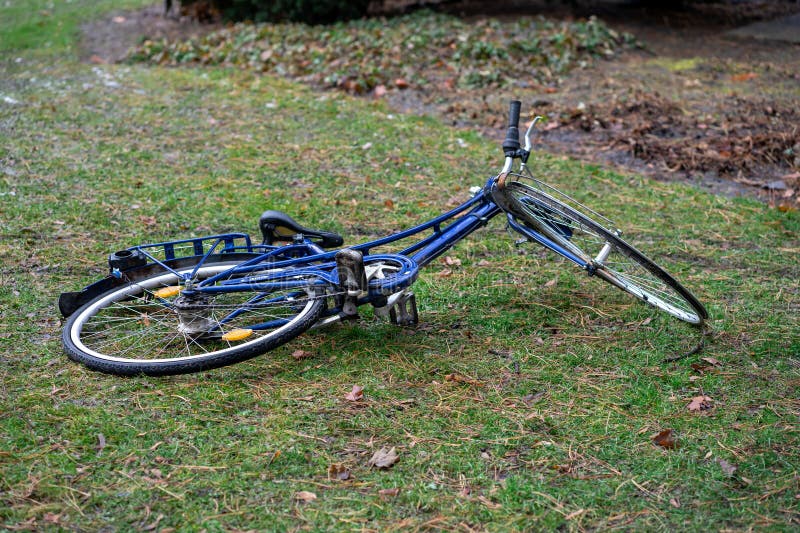 View of a Blue Broken Bicycle Lying on Green Grass Stock Image - Image ...