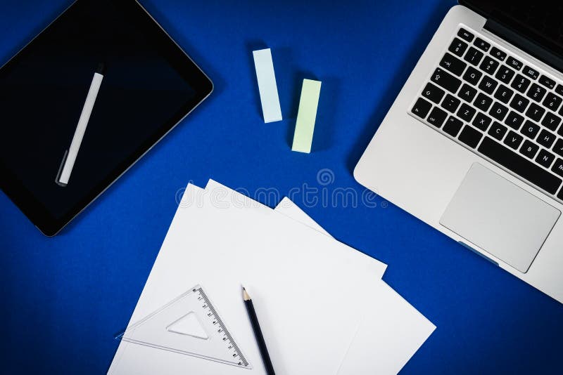 View of the Blue Desk with a Computer Stock Image - Image of marketing ...