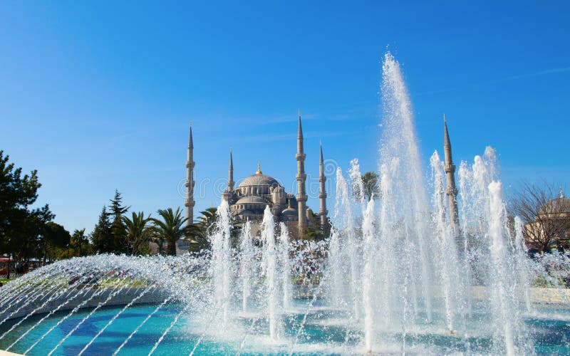 View of Blue Mosque with Fountain Stock Photo - Image of famous, water ...
