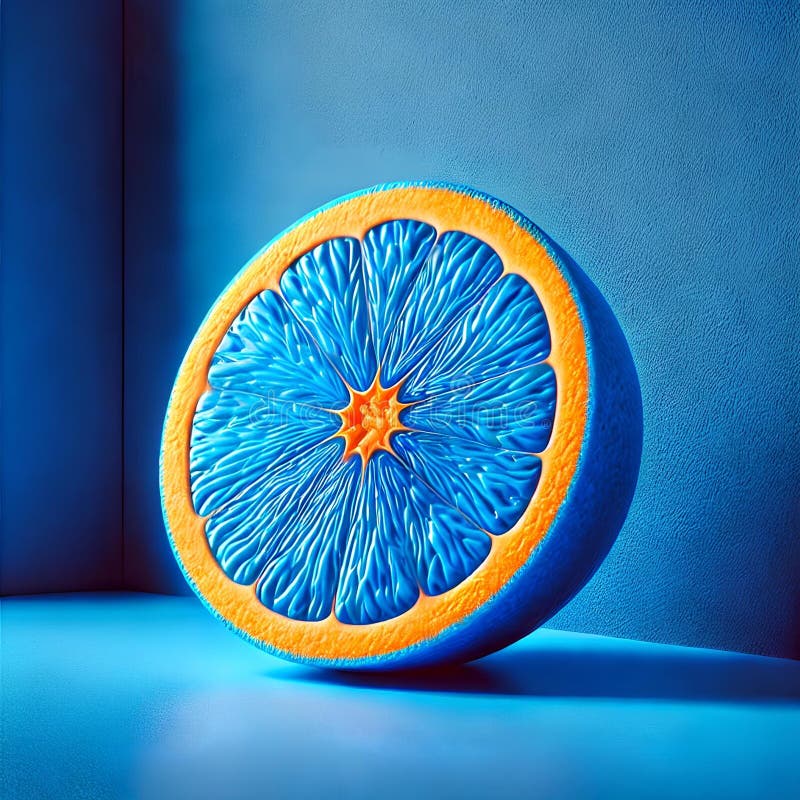 A Blue Orange Sliced in Half Laying on a Blue Floor in Front of a Blue ...