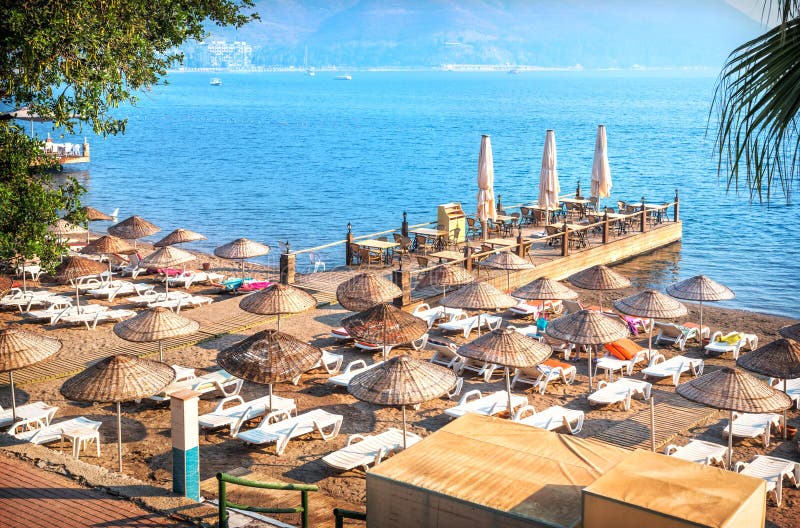 View of the Blue Sea, Pier and Greenery , Marmaris, Turkey Stock Photo ...
