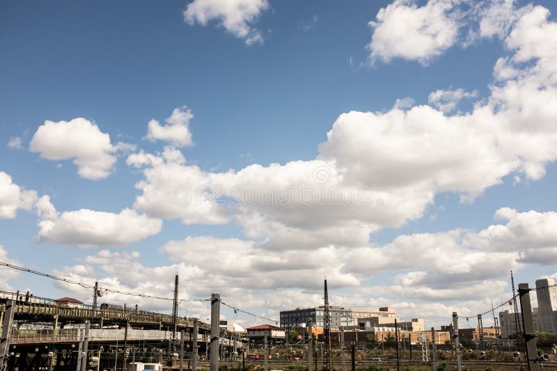 Blue sky in a rail yard stock photo. Image of city, harbor - 290183030