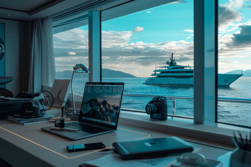 A View from a Boat Out To Sea, with a Desk in Front of the Stock Photo ...