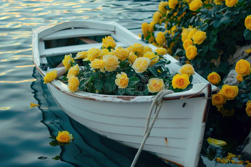 View of Boat on Water with Yellow Rose Flowers Generative AI Stock ...