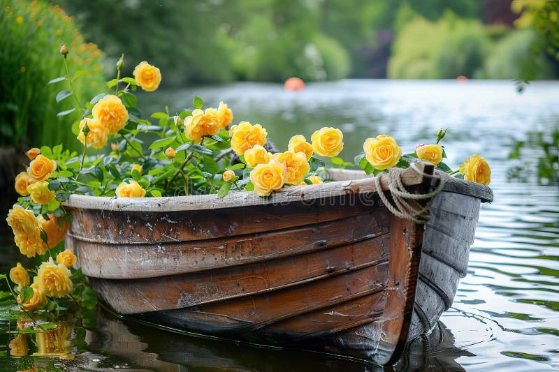 View of Boat on Water with Yellow Rose Flowers Generative AI Stock ...