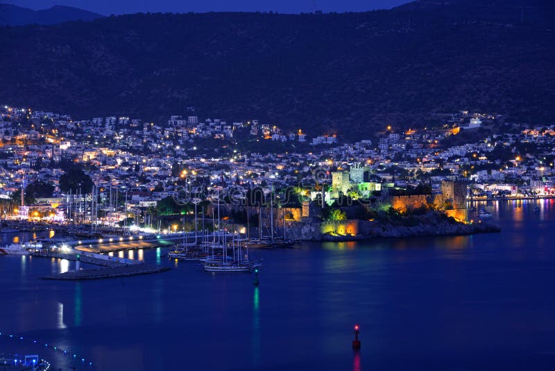 View of Bodrum Harbor and Castle of St. Peter by Night Stock Photo ...