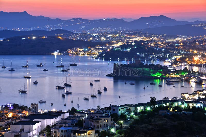 View of Bodrum Harbor and Castle of St. Peter by Night Stock Photo ...