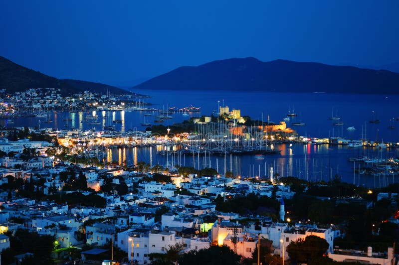 View of Bodrum Harbor by Night. Turkish Riviera Stock Photo - Image of ...