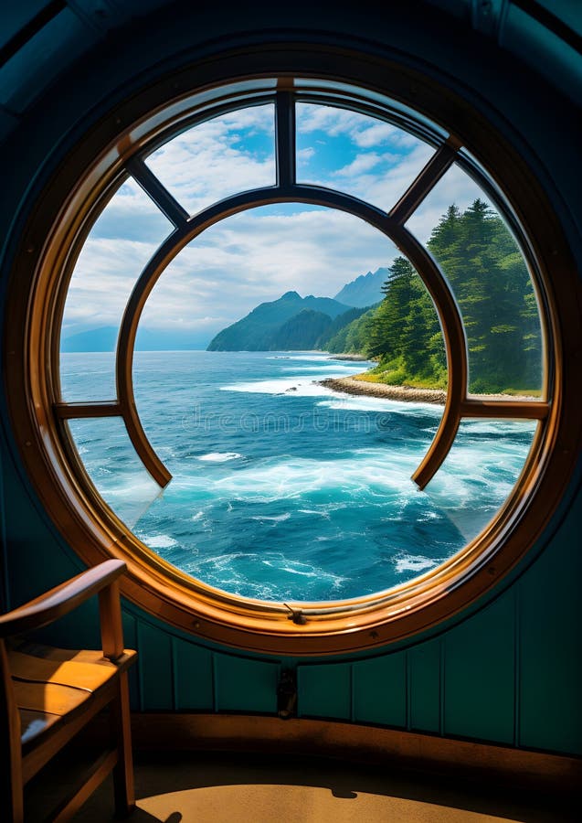 A View of a Body of Water through a Round Window Window View from Ship ...