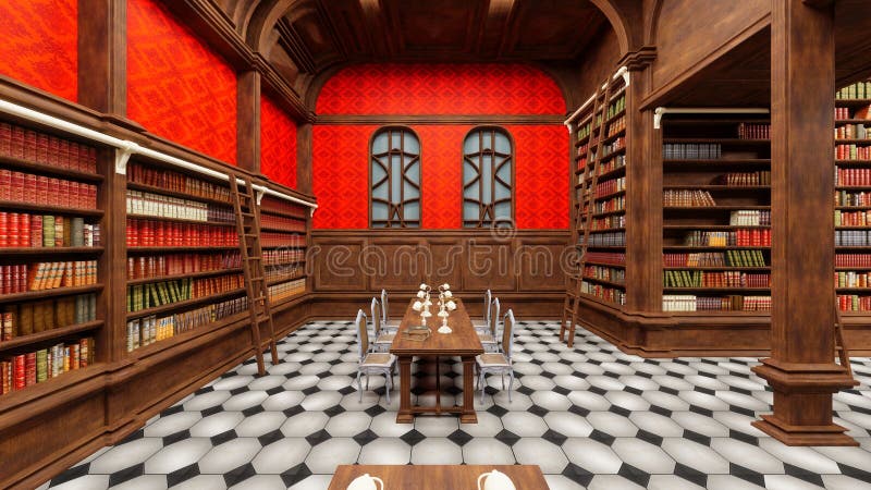 View of Bookshelves in an Old Library Stock Illustration - Illustration ...