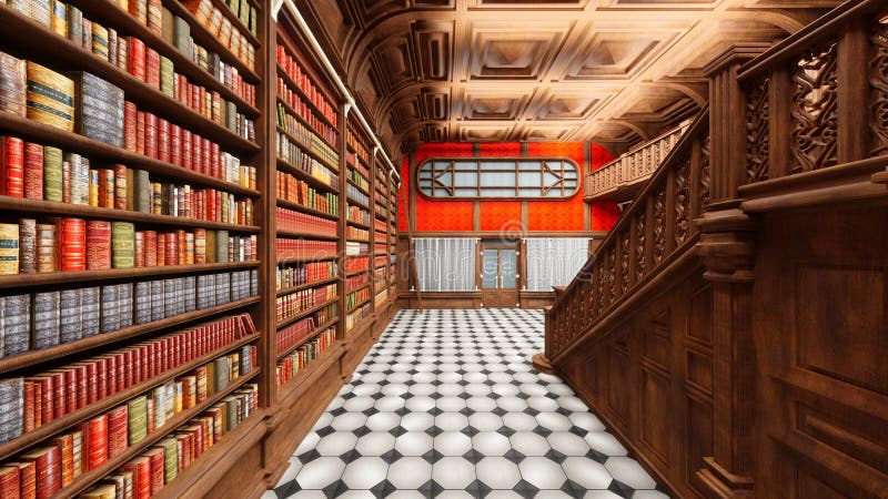 View of Bookshelves in an Old Library Stock Illustration - Illustration ...