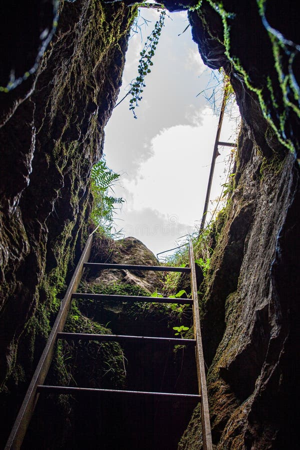 View from the Bottom of a Cave with a Ladder Leading Up To the Sky ...