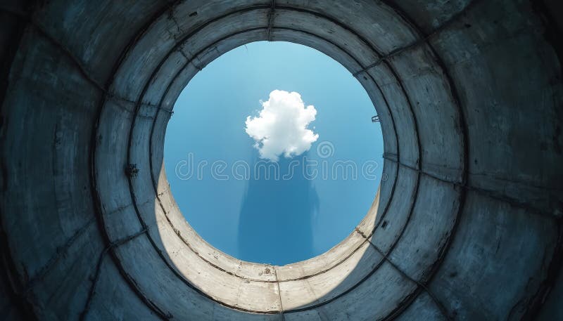 View from Bottom of Deep Concrete Well Looking Up at Blue Sky with ...