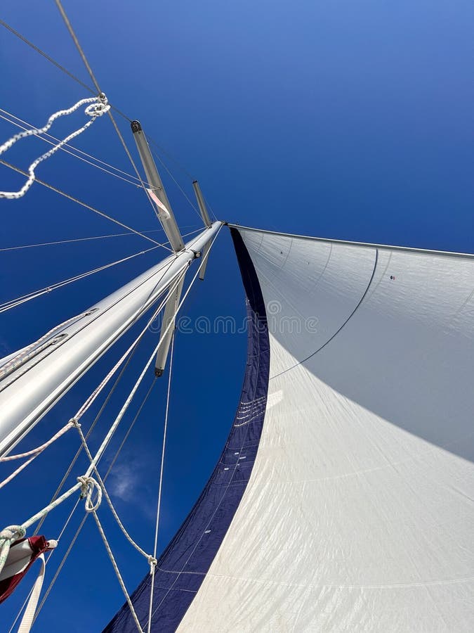 View from the Bottom Up To the Mast with Full Sail Up Stock Photo ...