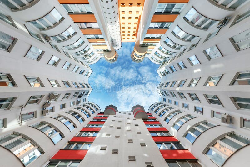 View from Bottom Up To the Sky in a Skyscraper House Well with a Narrow ...