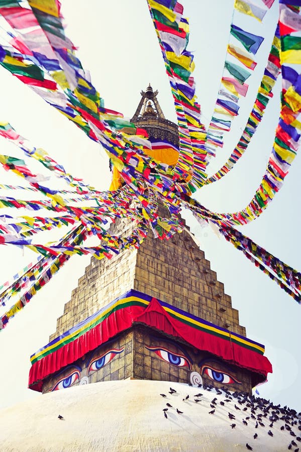 View Of Boudhanath Stupa. Top Of Stupa Boudhanath With Prayer Fl Stock ...