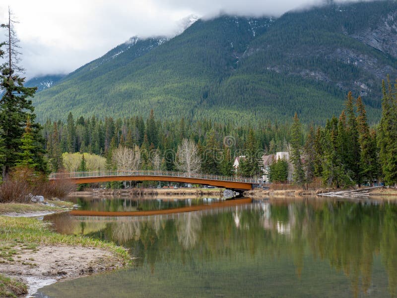 View on the Bow River Pedestrain Bridge Banff, Alberta, Canada Stock ...