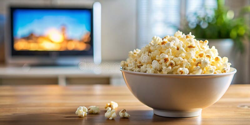 View of Bowl of Popcorn in Front of Telivision AI-Created Content Stock ...