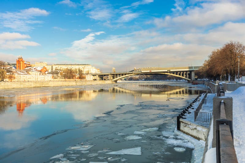 View of the Bridge and the Freezing River Stock Image - Image of ...