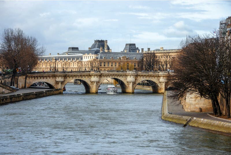 View of a Bridge Over the Seine River Stock Illustration - Illustration of french, construction ...