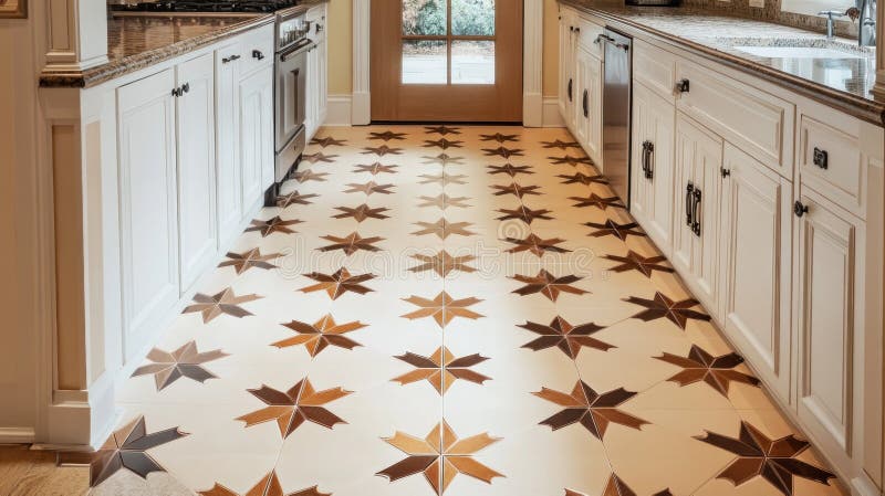 Modern Kitchen Showing Brown Star Pattern Tiled Floor and White ...