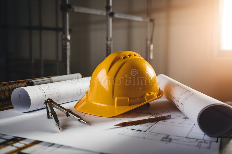 Yellow Hard Hat and Blueprints on White, Representing Construction ...
