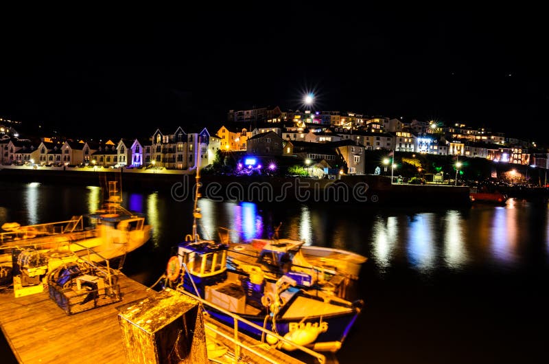 Brixham Harbour at night stock image. Image of england - 199436139